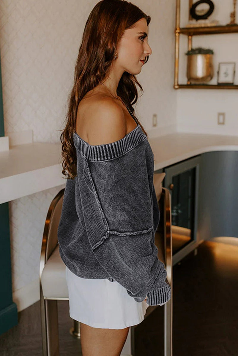 Black Mineral Wash V Neck Knit Exposed Seam Drop Shoulder Loose Sweater ...