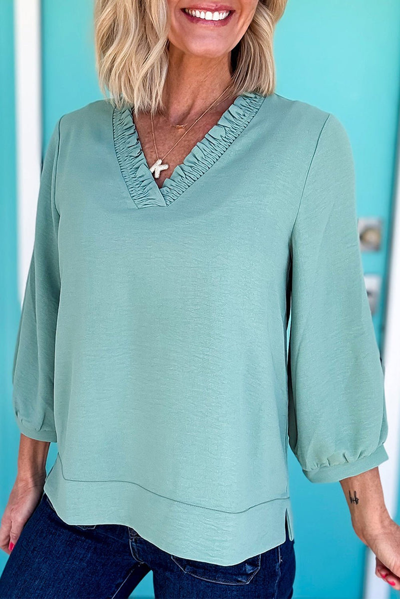Moonlight Jade Frill V Neckline Puff Sleeve Crinkled Blouse - MAD RUFFI