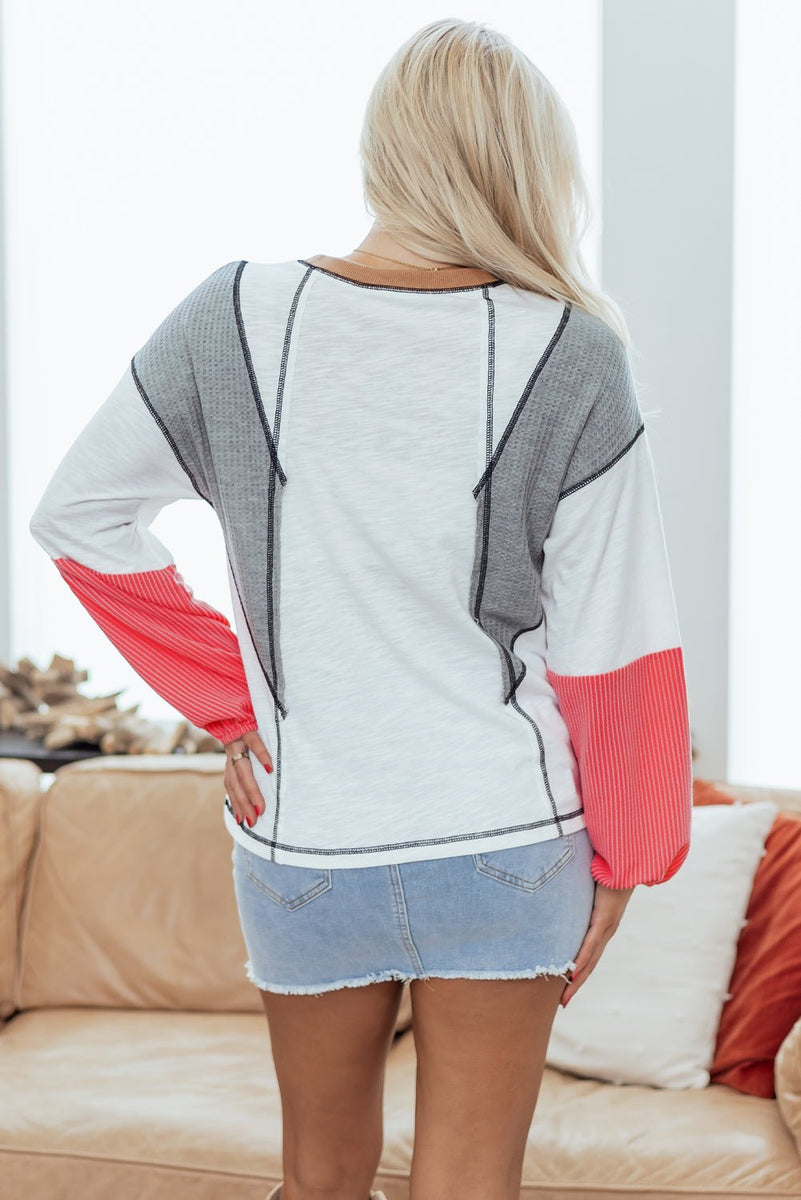 White Contrast Block Mixed Textured Knit Patchwork Casual Top - MAD RUFFI